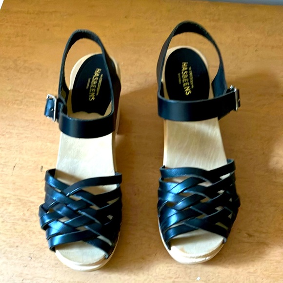 Swedish Hasbeens | Shoes | Hasbeens Black Leather Sandals With Wooden ...